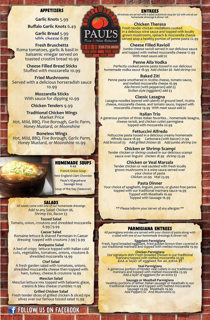 Menu – Paul's Pizza & Italian Restaurant | Coxsackie NY